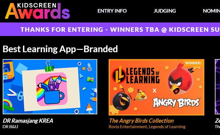 Angry Birds and Legends of Learning Won a Kidscreen Award